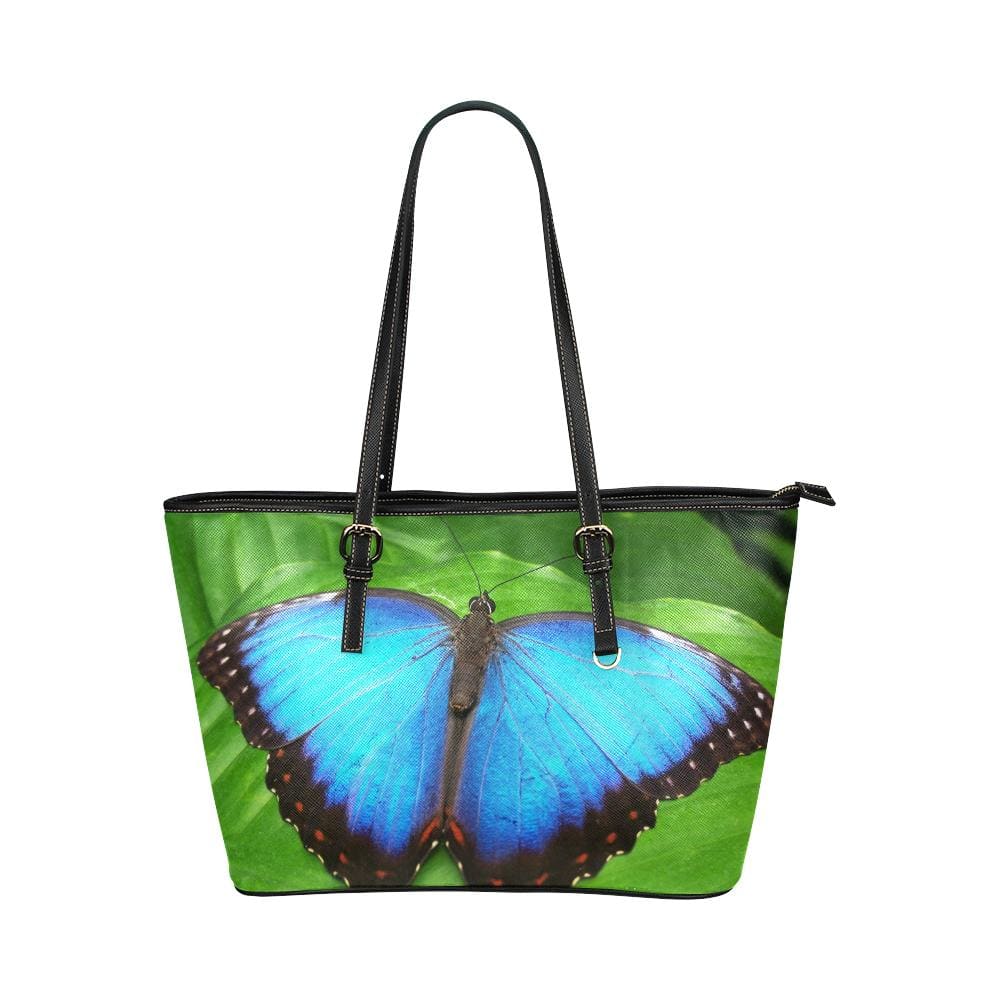Large Leather Tote Shoulder Bag - Vibrant Blue Butterfly Illustration ...